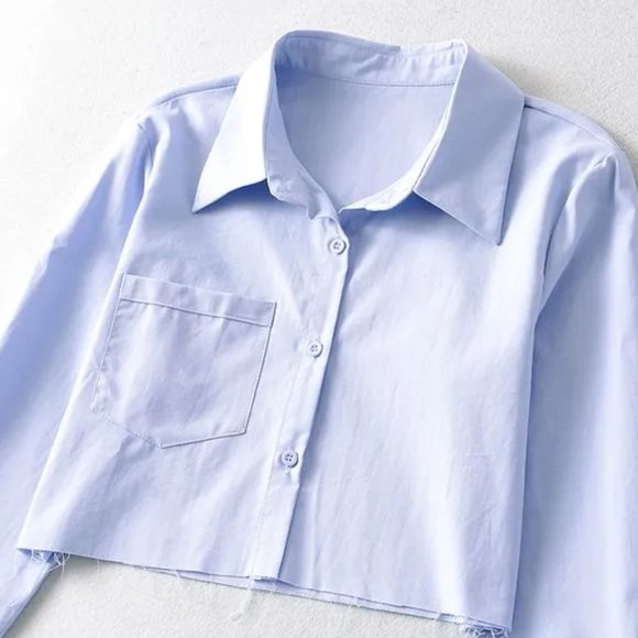 Tops | New With Tags Light Blue Cropped Button Up Collar Shirt | Poshmark